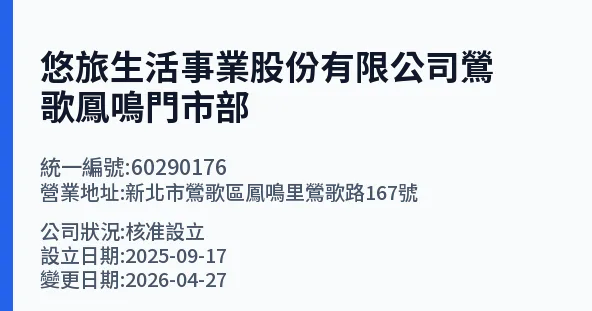 悠旅生活事業股份有限公司鶯歌鳳鳴門市部的照片-統編 60290176(新北市) 公司登記資料與營業項目詳細圖表