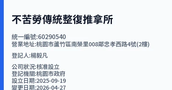 不苦勞傳統整復推拿所的照片-統編 60290540(桃園市) 公司登記資料與營業項目詳細圖表