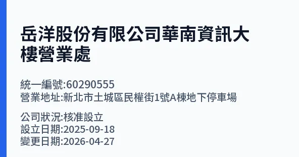 岳洋股份有限公司華南資訊大樓營業處的照片-統編 60290555(新北市) 公司登記資料與營業項目詳細圖表