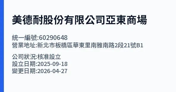 美德耐股份有限公司亞東商場的照片-統編 60290648(新北市) 公司登記資料與營業項目詳細圖表