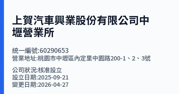 上賀汽車興業股份有限公司中壢營業所的照片-統編 60290653(桃園市) 公司登記資料與營業項目詳細圖表