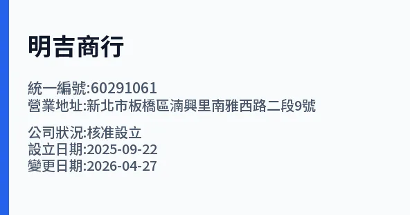 明吉商行的照片-統編 60291061(新北市) 公司登記資料與營業項目詳細圖表