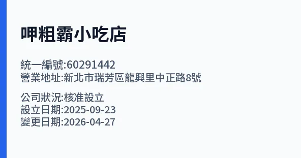 呷粗霸小吃店的照片-統編 60291442(新北市) 公司登記資料與營業項目詳細圖表
