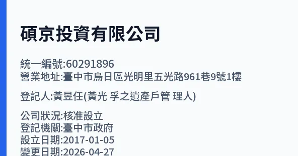 碩京投資有限公司的照片-統編 60291896(臺中市) 公司登記資料與營業項目詳細圖表