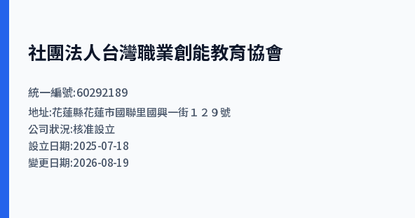 社團法人台灣職業創能教育協會的照片-統編 60292189 公司登記資料與營業項目詳細圖表