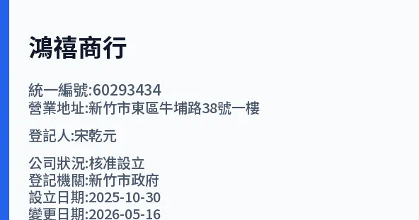 鴻禧商行的照片-統編 60293434(新竹市) 公司登記資料與營業項目詳細圖表