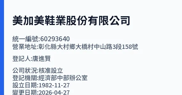 美加美鞋業股份有限公司的照片-統編 60293640(彰化縣) 公司登記資料與營業項目詳細圖表