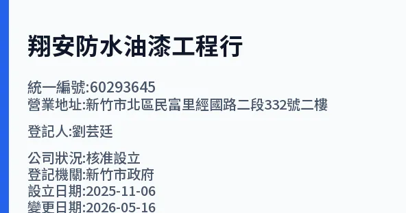 翔安防水油漆工程行的照片-統編 60293645(新竹市) 公司登記資料與營業項目詳細圖表
