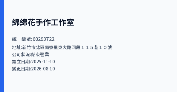 綿綿花手作工作室的照片-統編 60293722 公司登記資料與營業項目詳細圖表