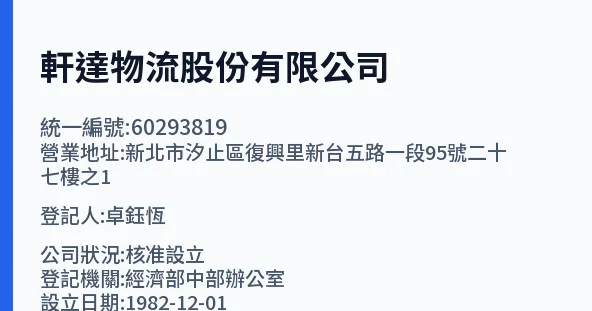 軒達物流股份有限公司的照片-統編 60293819(新北市) 公司登記資料與營業項目詳細圖表