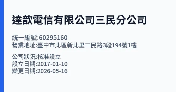 達歆電信有限公司三民分公司的照片-統編 60295160(臺中市) 公司登記資料與營業項目詳細圖表