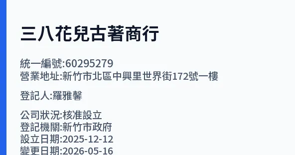 三八花兒古著商行的照片-統編 60295279(新竹市) 公司登記資料與營業項目詳細圖表
