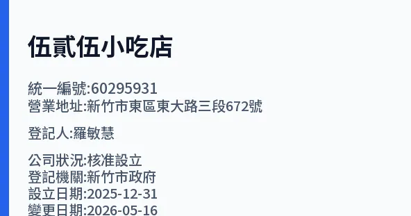 伍貳伍小吃店的照片-統編 60295931(新竹市) 公司登記資料與營業項目詳細圖表