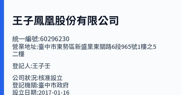王子鳳凰股份有限公司的照片-統編 60296230(臺中市) 公司登記資料與營業項目詳細圖表
