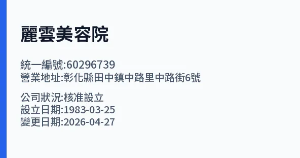 麗雲美容院的照片-統編 60296739(彰化縣) 公司登記資料與營業項目詳細圖表