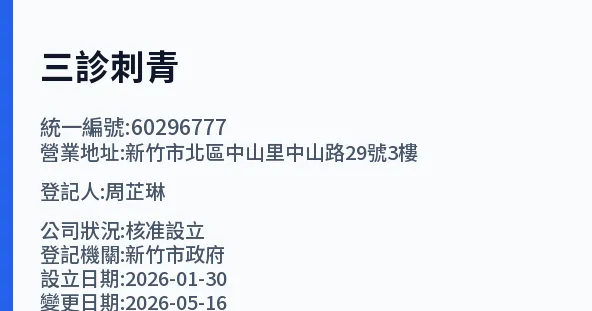 三診刺青的照片-統編 60296777(新竹市) 公司登記資料與營業項目詳細圖表