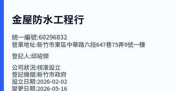 金屋防水工程行的照片-統編 60296832(新竹市) 公司登記資料與營業項目詳細圖表