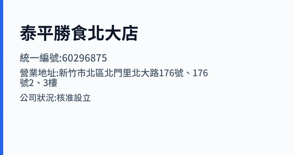 泰平勝食北大店 - 統編 60296875(新竹市) 公司登記資料與營業項目詳細圖表