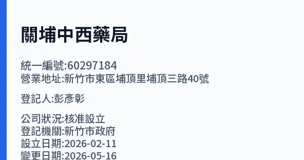 關埔中西藥局的照片-統編 60297184(新竹市) 公司登記資料與營業項目詳細圖表