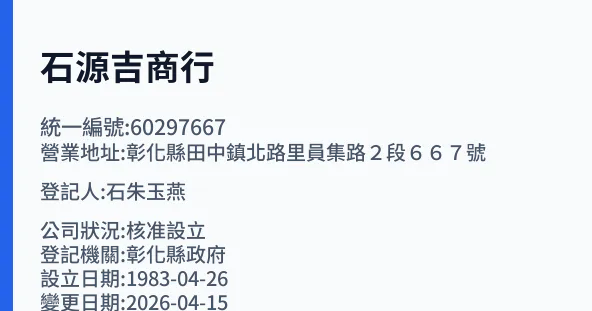石源吉商行的照片-統編 60297667(彰化縣) 公司登記資料與營業項目詳細圖表