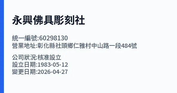 永興佛具彫刻社的照片-統編 60298130(彰化縣) 公司登記資料與營業項目詳細圖表