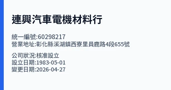 連興汽車電機材料行的照片-統編 60298217(彰化縣) 公司登記資料與營業項目詳細圖表