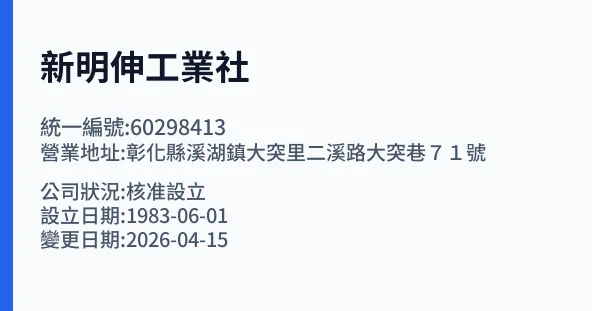 新明伸工業社的照片-統編 60298413(彰化縣) 公司登記資料與營業項目詳細圖表