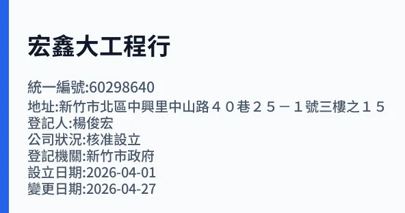 宏鑫大工程行的照片-統編 60298640(新竹市) 公司登記資料與營業項目詳細圖表