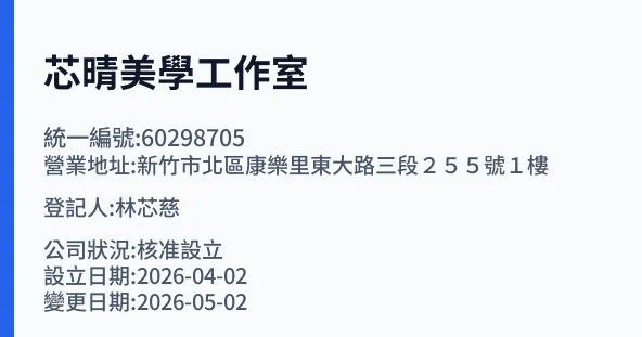 芯晴美學工作室的照片-統編 60298705(新竹市) 公司登記資料與營業項目詳細圖表
