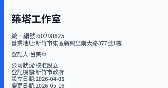 築塔工作室的照片-統編 60298825(新竹市) 公司登記資料與營業項目詳細圖表