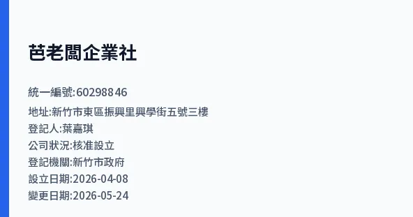 芭老闆企業社的照片-統編 60298846(新竹市) 公司登記資料與營業項目詳細圖表