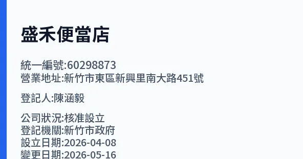 盛禾便當店的照片-統編 60298873(新竹市) 公司登記資料與營業項目詳細圖表