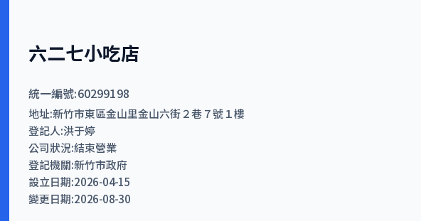 六二七小吃店的照片-統編 60299198 公司登記資料與營業項目詳細圖表