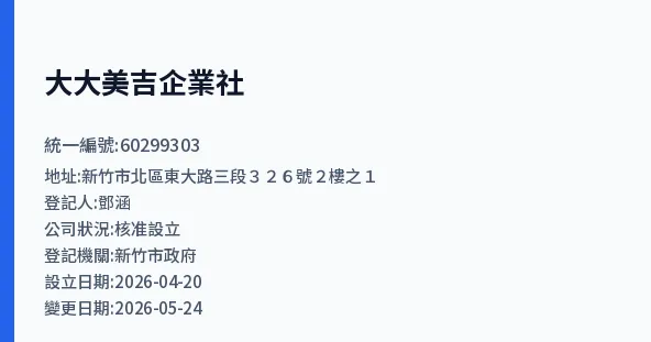 大大美吉企業社的照片-統編 60299303(新竹市) 公司登記資料與營業項目詳細圖表