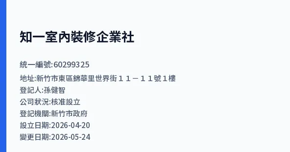 知一室內裝修企業社的照片-統編 60299325(新竹市) 公司登記資料與營業項目詳細圖表