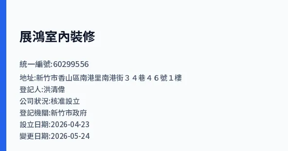 展鴻室內裝修的照片-統編 60299556(新竹市) 公司登記資料與營業項目詳細圖表