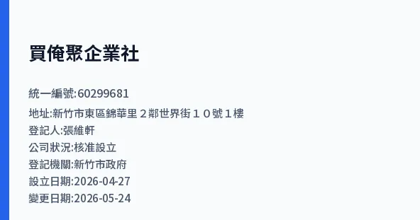 買俺聚企業社的照片-統編 60299681(新竹市) 公司登記資料與營業項目詳細圖表