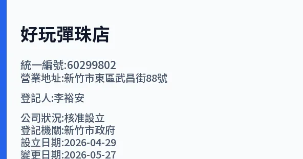 好玩彈珠店的照片-統編 60299802(新竹市) 公司登記資料與營業項目詳細圖表