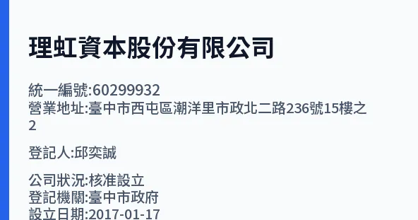 理虹資本股份有限公司的照片-統編 60299932(臺中市) 公司登記資料與營業項目詳細圖表