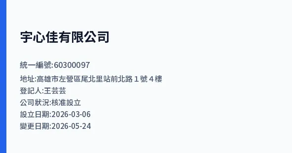 宇心佳有限公司的照片-統編 60300097(高雄市) 公司登記資料與營業項目詳細圖表