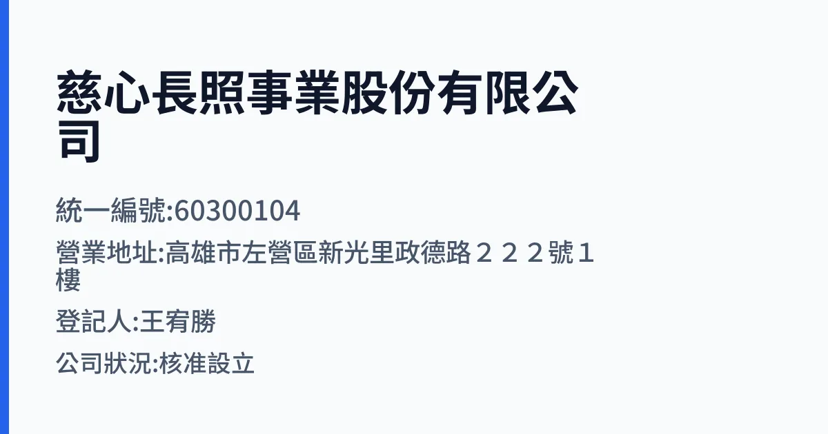 慈心長照事業股份有限公司 - 統編 60300104(高雄市) 公司登記資料與營業項目詳細圖表