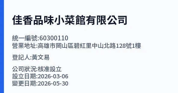 佳香品味小菜館有限公司的照片-統編 60300110(高雄市) 公司登記資料與營業項目詳細圖表