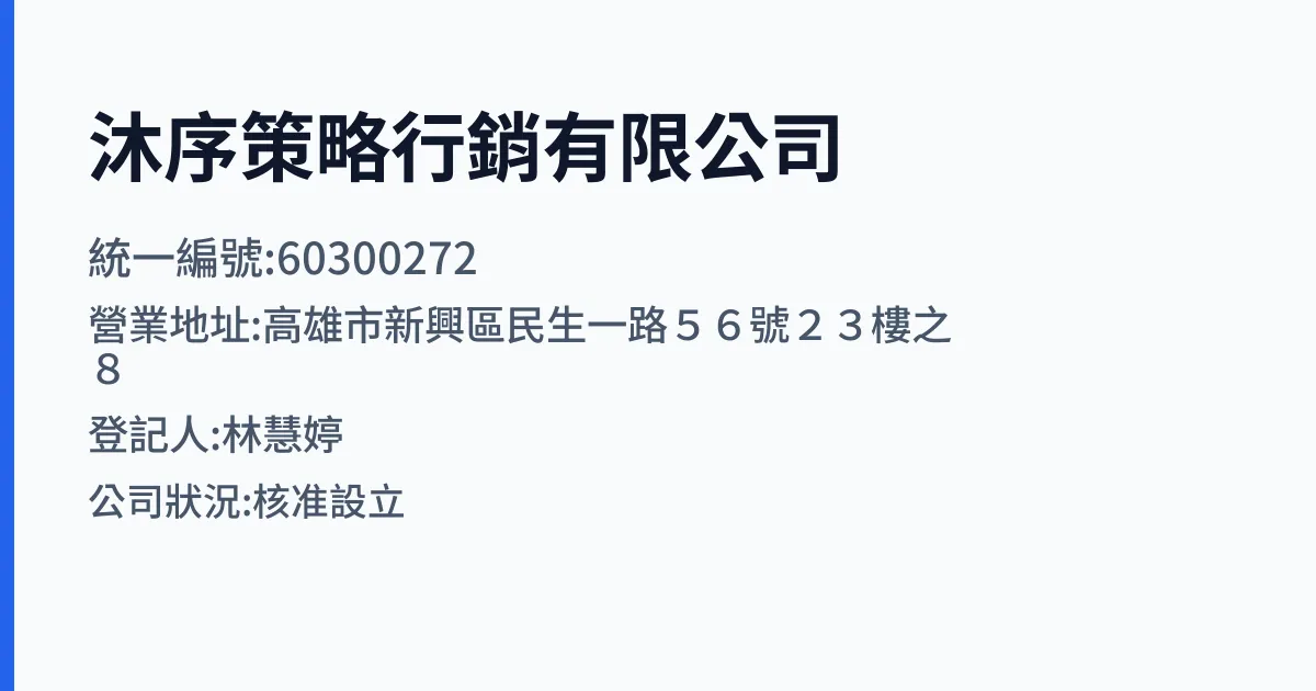 沐序策略行銷有限公司 - 統編 60300272(高雄市) 公司登記資料與營業項目詳細圖表