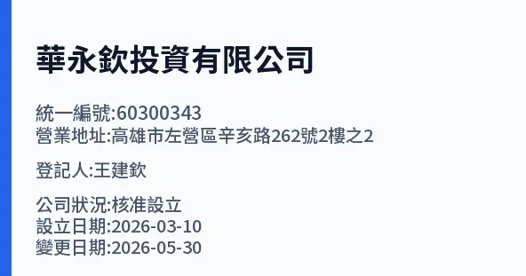 華永欽投資有限公司的照片-統編 60300343(高雄市) 公司登記資料與營業項目詳細圖表