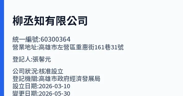 柳丞知有限公司的照片-統編 60300364(高雄市) 公司登記資料與營業項目詳細圖表