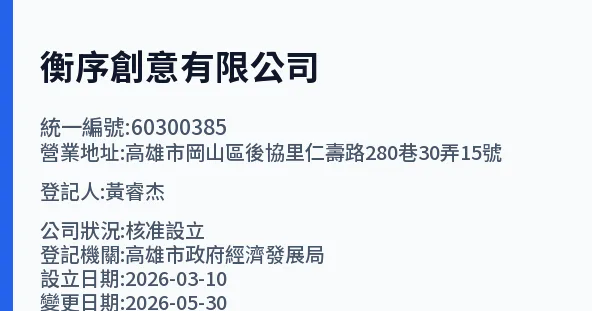 衡序創意有限公司的照片-統編 60300385(高雄市) 公司登記資料與營業項目詳細圖表