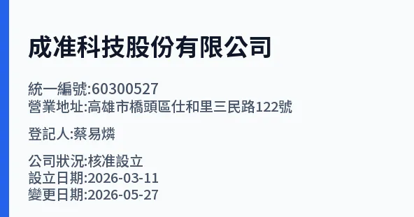 成准科技股份有限公司的照片-統編 60300527(高雄市) 公司登記資料與營業項目詳細圖表