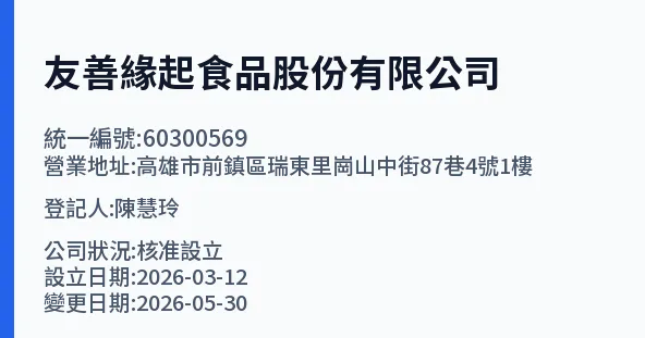 友善緣起食品股份有限公司的照片-統編 60300569(高雄市) 公司登記資料與營業項目詳細圖表