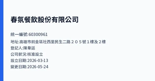 春氛餐飲股份有限公司的照片-統編 60300961(高雄市) 公司登記資料與營業項目詳細圖表