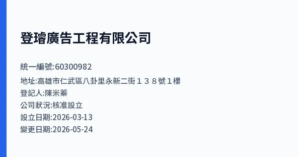 登璿廣告工程有限公司的照片-統編 60300982(高雄市) 公司登記資料與營業項目詳細圖表